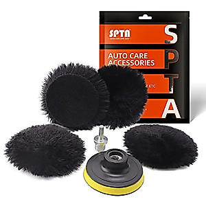 SPTA 3 Inch (75mm) Wool Buffer 3" Wool Buffing Pad Lambwool Wool Buffing polishing Pads, 6 Pcs Kit with Hook & Loop 5/8"-11 Thread Drill Adapter for Car Polishing and Buffing