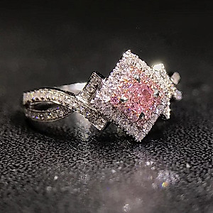 SCHZBSP 18K White Gold Plated Cross-Wound Pink Crystal Diamond Ring Pavé Exquisite Cubic Zirconia Ring Fashion Lady CZ Diamond Engagement Wedding Ring Jewelry Gift (10)