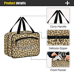 Vnurnrn Leopard Heart Personalized Large Travel Toiletry Bag for women Makeup Organizer Bag with Hanging Hook Shower Bag for Traveling Electric Shaver Brush