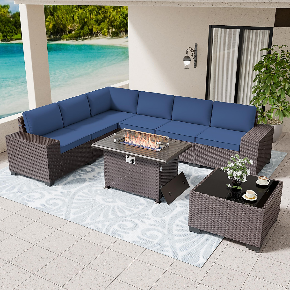 Rwnnad Patio Furniture Set Sofa 7-pcs Wicker Sectional Sofa Set with 55,000 BTU Gas Fireplace Table,Outdoor Furniture Rattan Sets with Tempered Glass Coffee Table