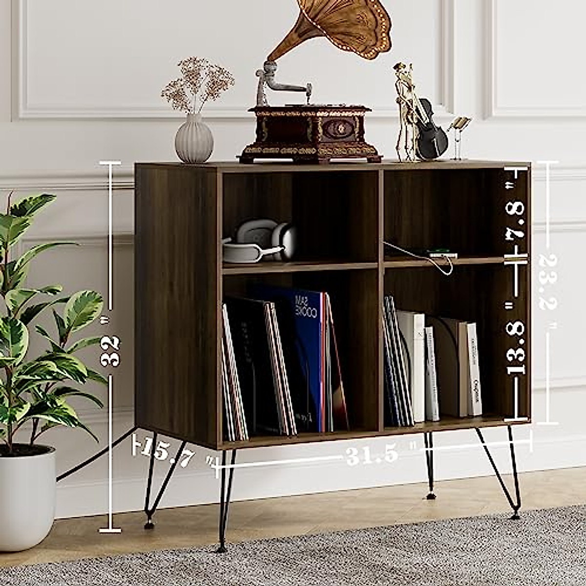 oiiokuku Record Player Stand with Vinyl Storage, Lager Record Player Table with Charging Station, Turntable Stand with 4 Cabinet Holds up to 300 Albums for Bedroom, Office,Adjustable Legs,Walnut