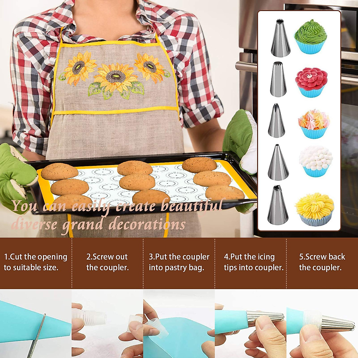 Tailpa Macaron Baking Kit Silicone Mat(22 Pcs Set), Macaron Baking Supplies, Baking Set of 2 Half Sheet Macaron Silicone Mats (16.5"x11.5"), 14 Piping Tip, 2 Piping Bag,2 Bag Tie, 2 Coupler