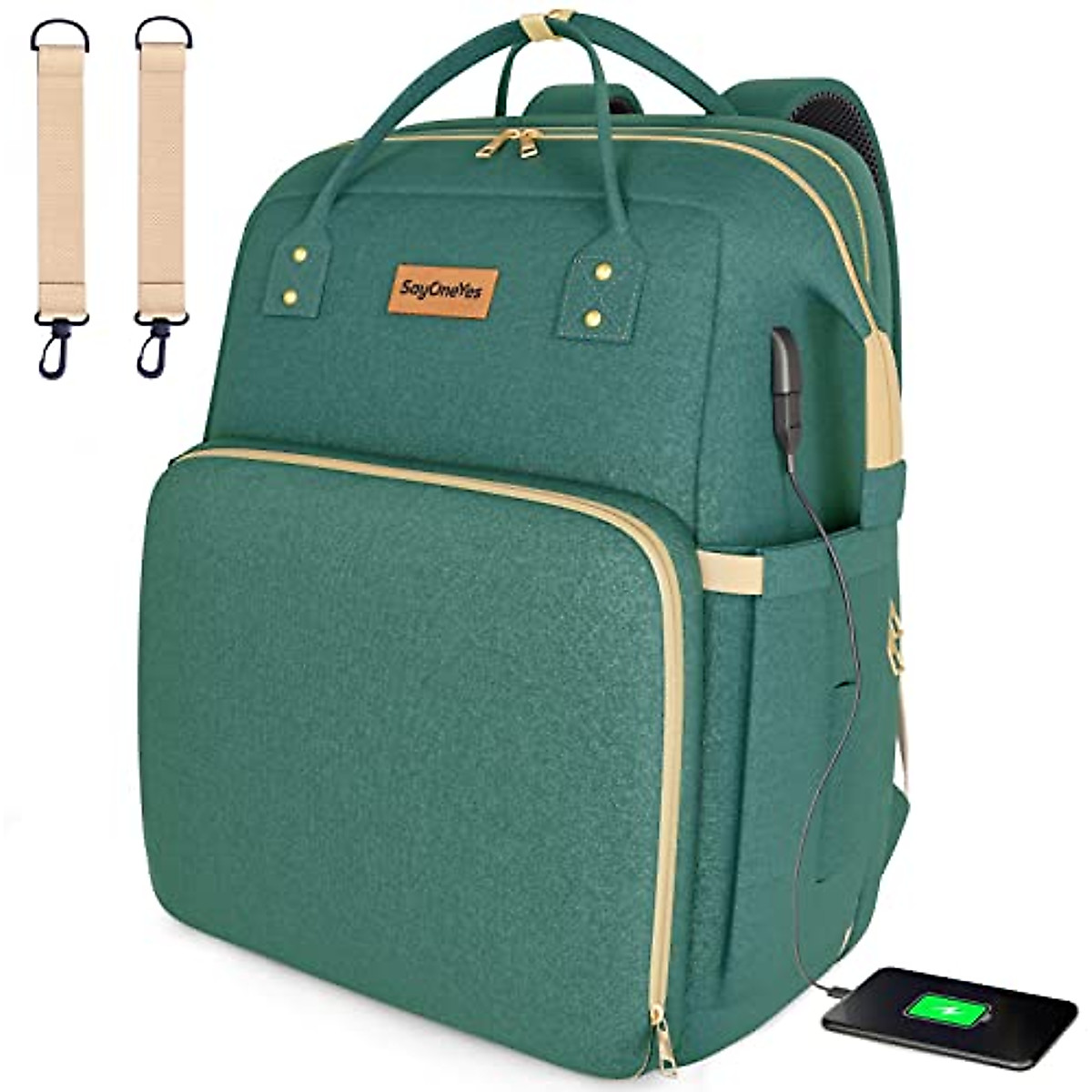 SAYONEYES Baby Diaper Bag Backpack with Portable Changing Pad - Multifunction Diaper Backpack with USB Charging Port - Stroller Straps, Large Capacity and Waterproof Unisex Baby Bag (Green)