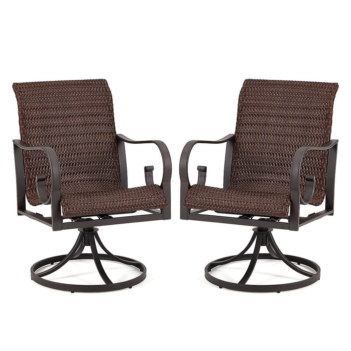 EROMMY Patio Swivel Chairs Set of 2, Heavy Duty Outdoor Dining Chair with 23.5'' High Back, Extra-Large Water-Fall Seat, Rattan Wicker Porch Chair Gentle Rocker for Outside Dark Brown