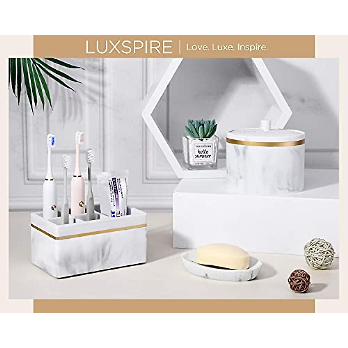 Luxspire Bathroom Vanity Tray+Toothbrush Holders, Bathroom Vanity Countertop Organizer Accessories Set-Marble Design