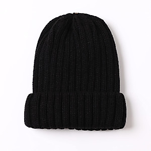 Roniky Womens Winter Beanie Hat, Silk Satin Lined Faux Fur Pom Pom Beanies Hat for Women Girls Warm Winter Knit Hats Black