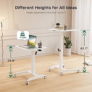Gibbon Mounts Mobile Standing Desk, Height Adjustable Rolling Laptop Desk, 27 inches Portable Sit Stand Desk with Wheels and Hook, Pneumatic Computer Table, White