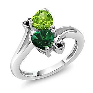 Gem Stone King 925 Sterling Silver Green Peridot Green Nano Emerald and Black Diamond Ring For Women (1.54 Cttw, Heart Shape 6MM, Gemstone August Birthstone, Available In Size 5, 6, 7, 8, 9)