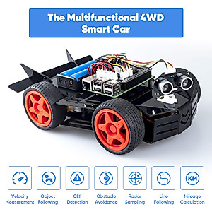 SunFounder Robot Car Kit for Raspberry Pi, 4WD HAT Module, Ultrasonic Sensor, Velocity Measurement Module etc. Electronic DIY Robot Kit for Teens and Adults, Raspberry Pi/TF Card/Battery not Included