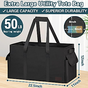 DSDCDJ Sturdy Extra Large Utility Tote Bag with 3 Pockets, Standing Utility Tote Bag with Hard Bottom Board and All Sides Rinforced, Foldable Large Tote Bag with Handles, Beach Bag, Car Tote