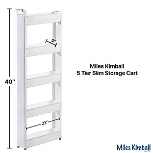 Miles Kimball 5 Tier Slim Cart, White, Durable Plastic, Easy Assembly, Holds Up to 6.5 lbs