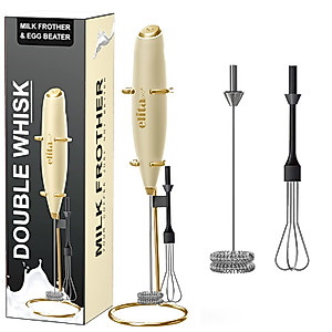 ELITAPRO ULTRA-HIGH-SPEED 19,000 RPM, Milk Frother DOUBLE WHISK, Unique Detachable EGG BEATER and STAND For quick preparation (Ivory/Gold)