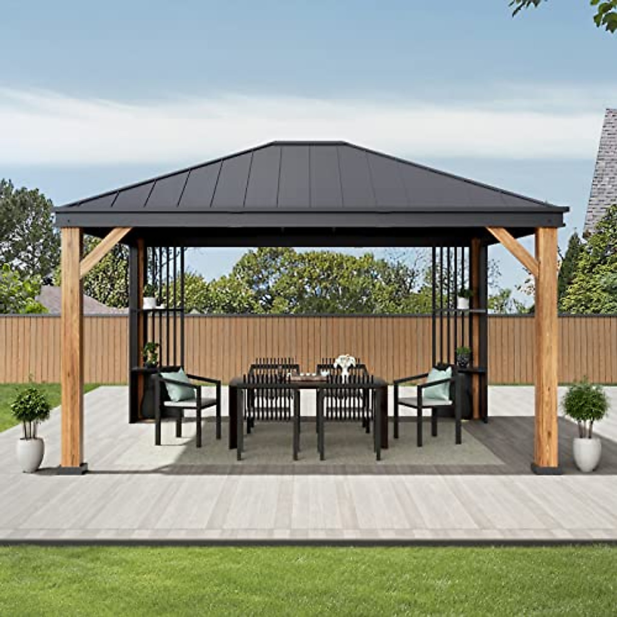 OLILAWN Gazebo 12x14, Outdoor Hardtop Gazebo with Large Aluminum Frame, Galvanized Steel Top Gazebo with Drainage System, All-Weather Metal Gazebo Pavilion with Display Shelves, for Patio Garden Lawns