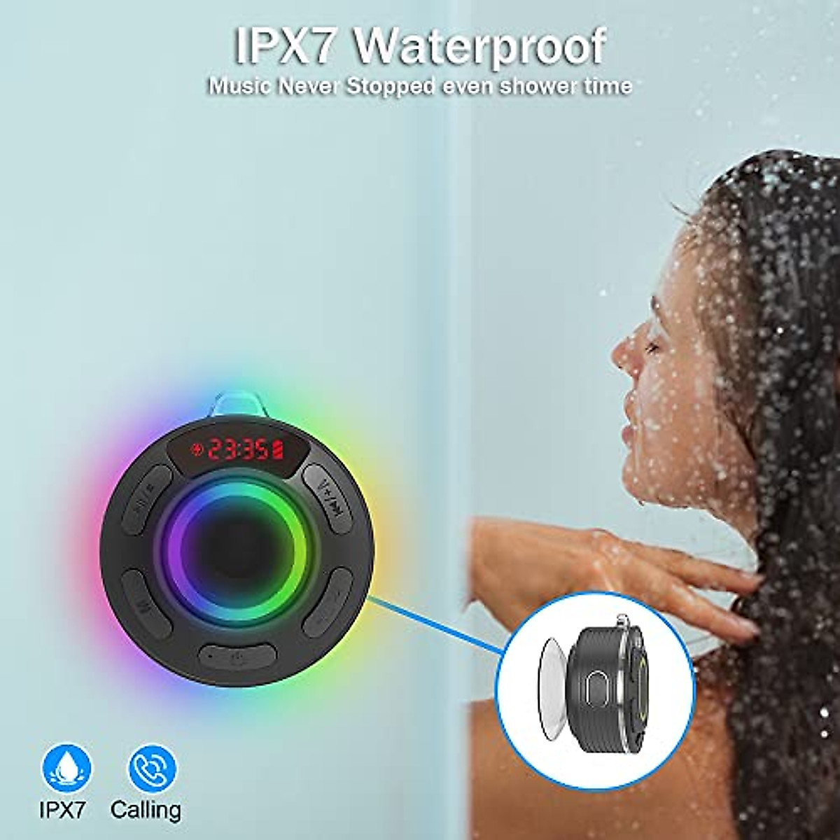 Bluetooth Shower Speaker, Portable Bluetooth Speaker 360 HD Surround Sound, IPX7 Waterproof Wireless Speaker with Suction Cup, Dual Stereo Pairing, Built-in Mic, Shower Radio for Party, Travel, Beach