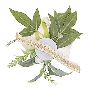Wrist Corsage Wristlet Band Bracelet for Wedding Bride Wrist Flower Artificial Flower Decorative White Roses and Green Leaves for Wedding Party
