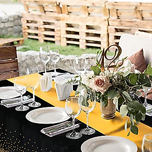 16Pack Disposable Plastic Tablecloths and Satin Table Runner Set Black Gold Dot Table Cloth Gold for Graduation Wedding Birthday Baby Shower Anniversary Holiday Party Decorations