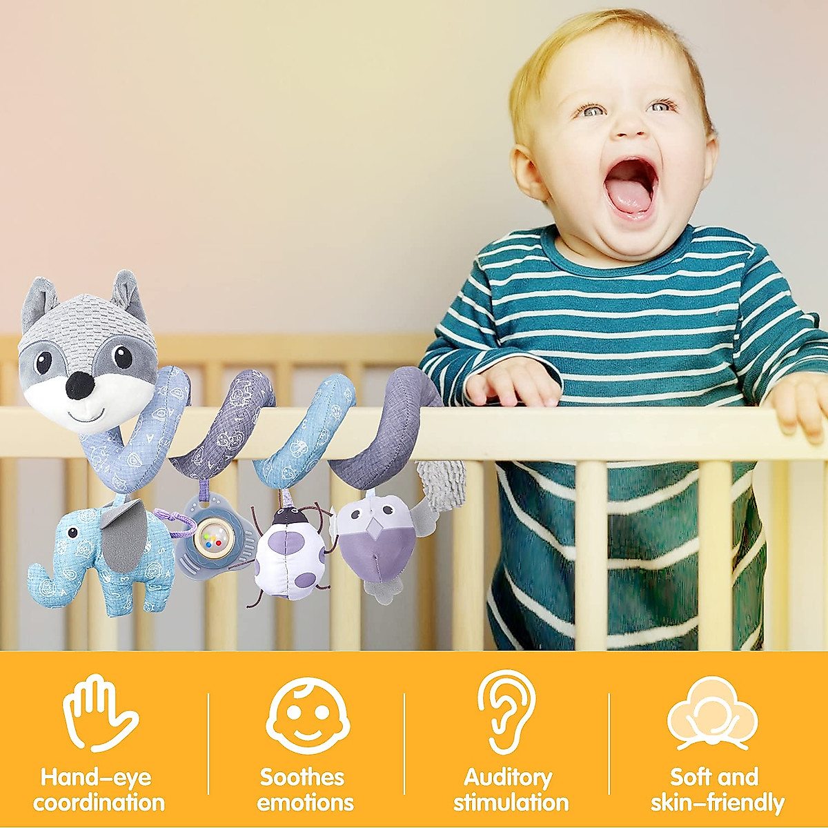 HILENBO Car Seat Toys, Infant Baby Spiral Activity Hanging Toys for Car Seat Stroller Crib Bassinet Mobile with Music Box BB Squeaker Rattles-Gray Fox