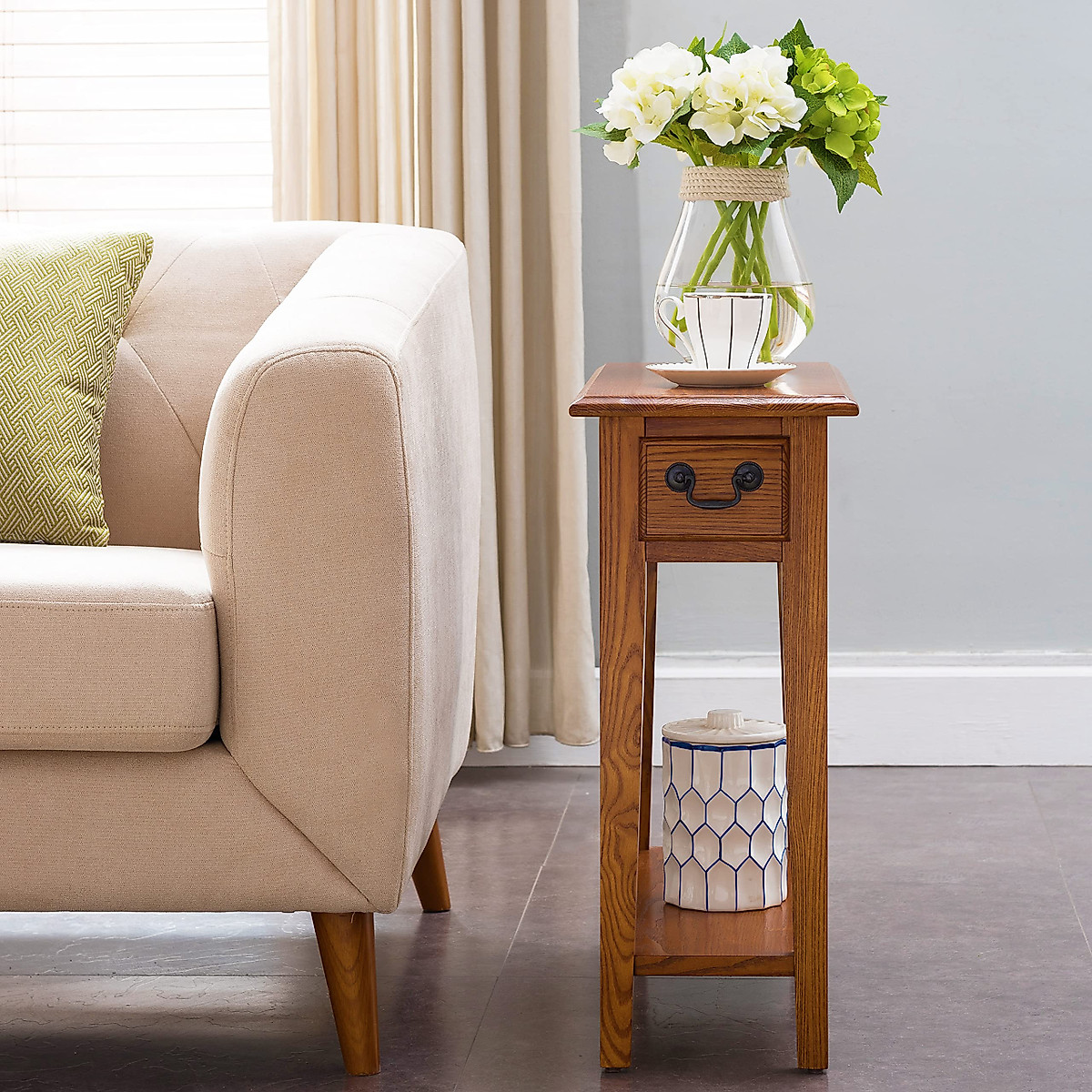 Leick Home 9017-MED One Drawer Narrow Side Table with Shelf, Hand Applied Rustic Oak Finish 10 in x 24 in x 24 in