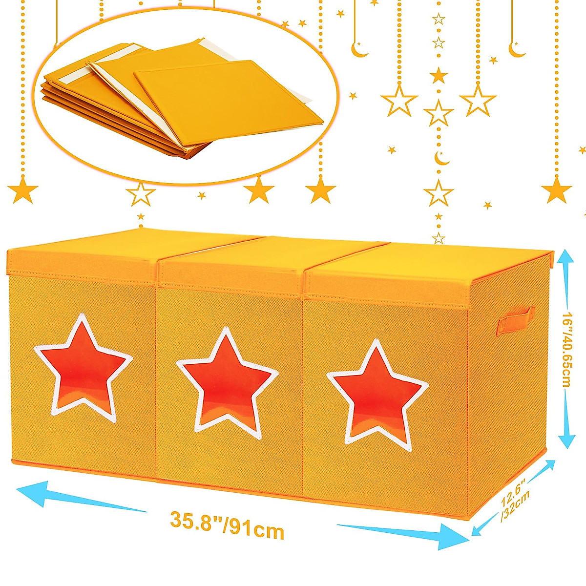 Extra Large Toy Box Chest, Toy Storage Organizer Bins with Transparent Windows, Foldable Storage Box for Kids,Boys,Girls,Toddler,Nursery Room,Playroom(Orange Srar)