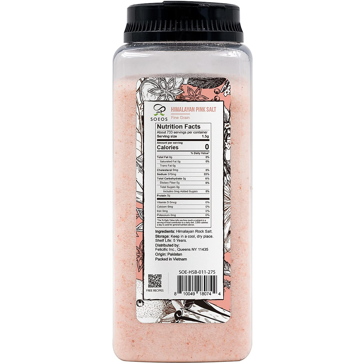 Soeos Pink Himalayan Sea Salt, Fine Grain, 38.8oz (2.4 LB), Kosher Salt, Non-GMO