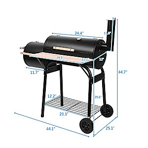 Yumin 24.4'' Barrel Charcoal BBQ Grill with Side Fire Box and Offset Smoker, Outdoor Barbecue Grills with Two Wheels for Patio, Garden, Picnics Stove, Camping, Backyard Cooking, Black