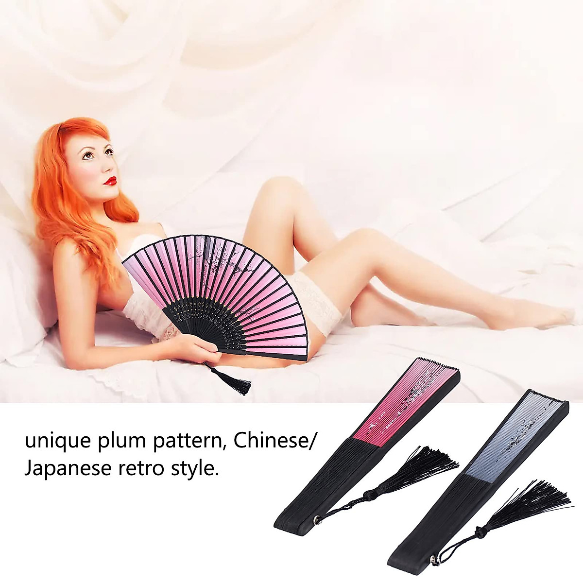 Natudeco Plum Blossom Pattern Bamboo Fan Chinese Classical Style Folding Fan Elegant Handheld Jewelry for Gifts Photography Wedding