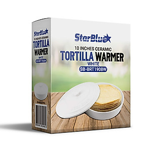 10 Inches Ceramic Tortilla Warmer by StarBlue with FREE Recipes ebook - White, Insulated One Hour and Holds up to 24 Tortillas,Chapati, Roti, Microwavable, Oven Safe