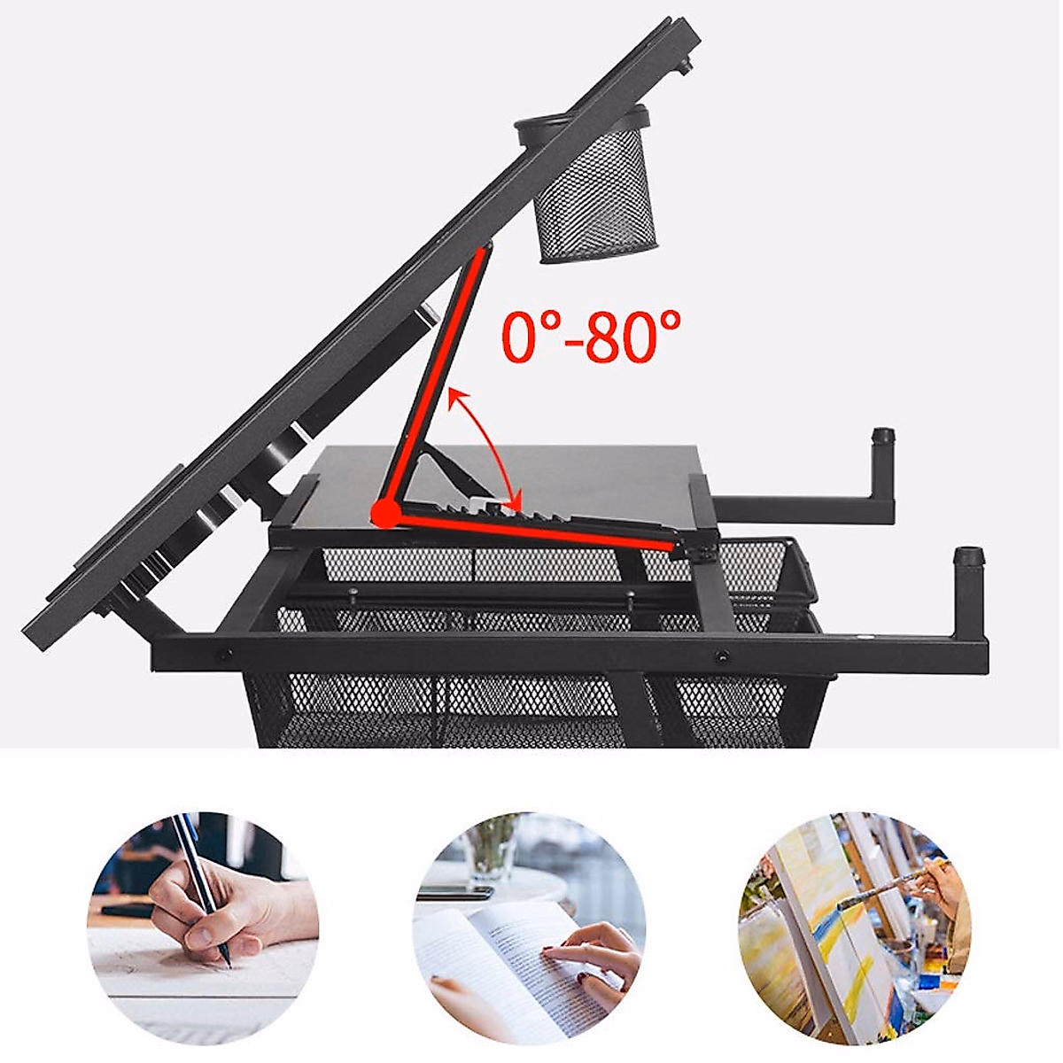 VejiA Drafting Table with Storage, Height Adjustable Tiltable Art Desk, Glass Panel Drawing Desk, for Work Study Painting Craft Table