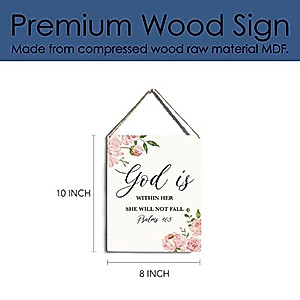 Christian Religious Gifts for Women Inspirational God Is Within Her She Will Not Fall Wall Art Christian Wall Decor Religion Bible Verse Christmas Gifts Decorations Wooden Hanging Sign 8 x 10 Inches