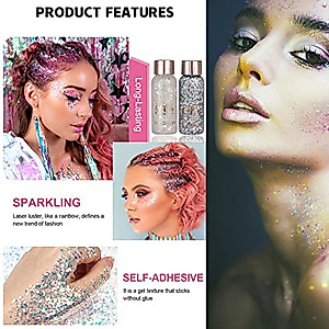 Face Glitter Gel, 3 Jars Holographic Chunky Glitter Makeup for Body, Hair, Face, Nail, Eyeshadow, Long Lasting and Waterproof Mermaid Sequins Shimmer Liquid Glitter (Set C)