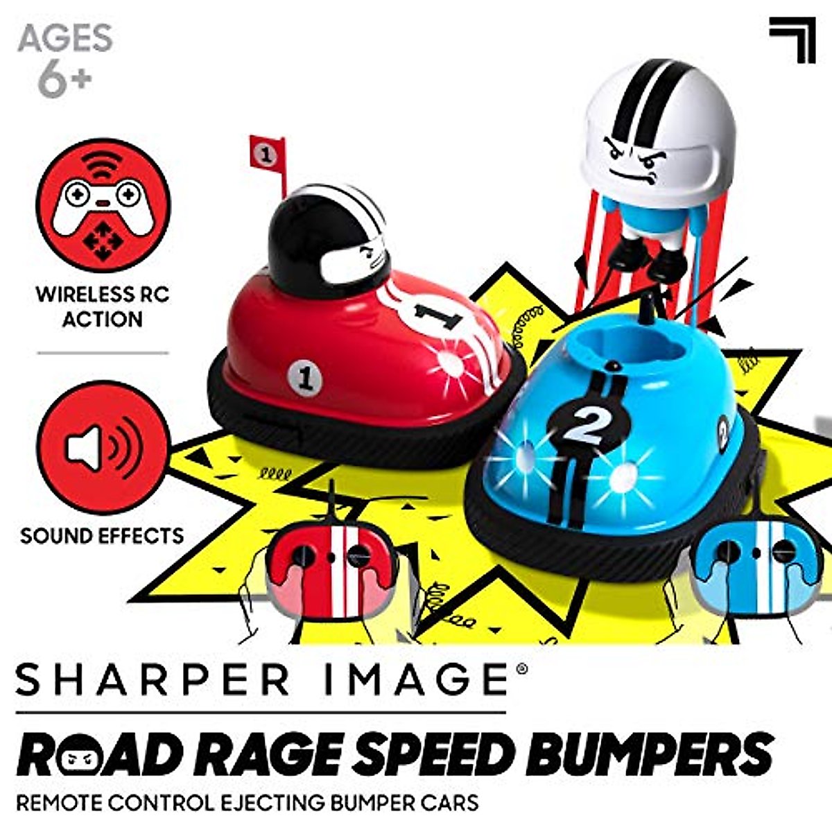 Sharper Image Road Rage RC Speed Bumper Cars, Mini Remote Controlled Ejector Vehicles, 2 Player Head to Head Battle, Crash into Opponents, 2.4 GHz, Red and Blue, Ages 6 and Up