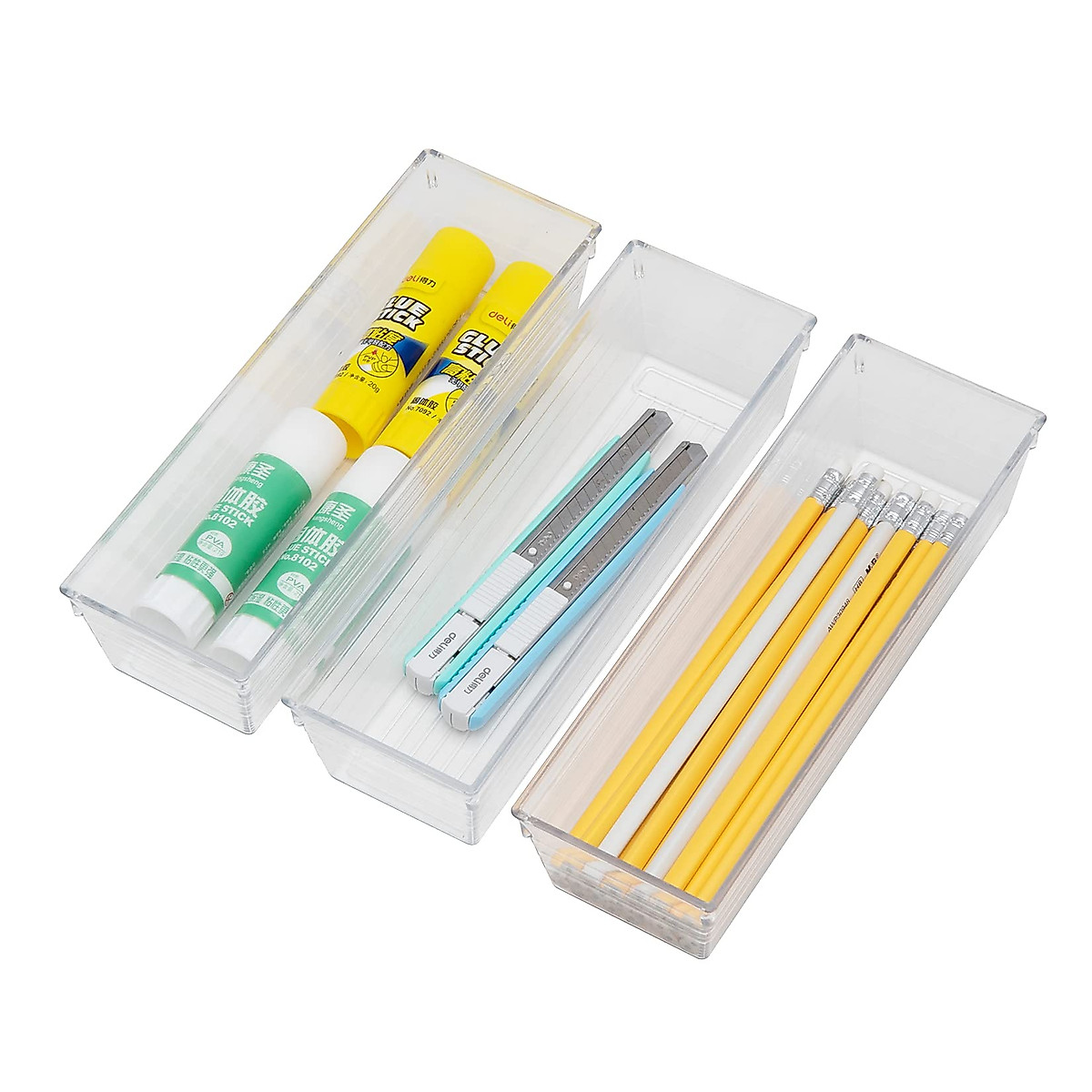 Backerysupply Clear Plastic Drawer Organizer Tray for Vanity Cabinet (9"×3"×2"，Set of 8),Storage Tray for Makeup, Kitchen Utensils, Jewelries, and Gadgets