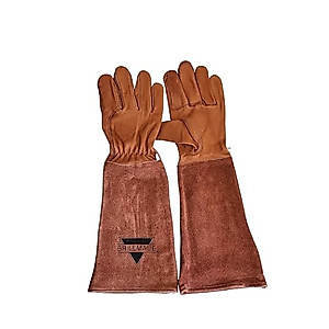 BRILLMADE - Rose gloves | Thorn and Cut Resistant Garden & Yard Work | Long Leather Heavy Duty elbow length Gauntlet | Suitable for Thorny Bushes Cacti | Rose Pruning Gloves for Women (L, Brown)