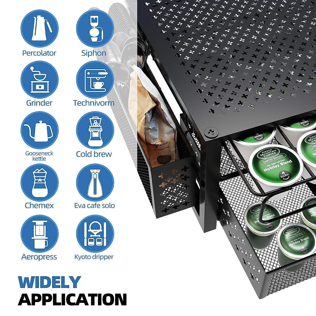 Simple Trending Coffee Pod Holder for K-Cups, with 2 Tier Slidng Storage Drawer and Coffee Accessories Holder, 63 Large or 80 Small Capsule Organizer, Black