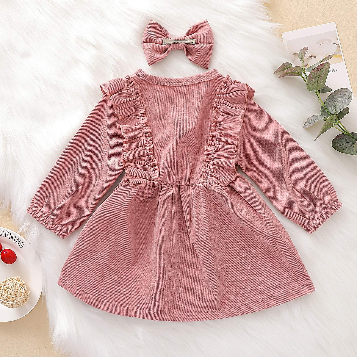 Karuedoo Kids Toddler Baby Girl Corduroy Ruffle Long Sleeve Dress Princess Party Dress Fall Winter Skirt Outfit (A-Pink, 2-3T)