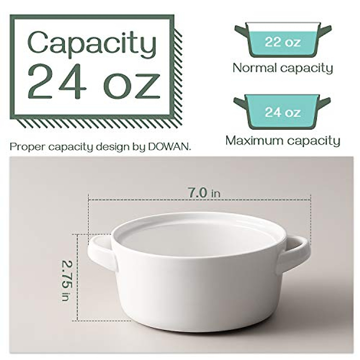 DOWAN Soup Bowls with Handles, 24 ounces Ceramic Cereal Bowl Set for kitchen, White French Onion Soup Crocks, Microwave Oven Safe, Stackable Soup Mug for Soup, Cereal, Stew, Chilli Set of 4