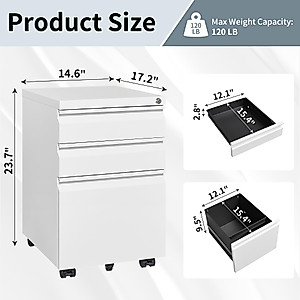 Approgreent Mobile File Cabinet for Home Office, Lockable 3 Drawer Filing Cabinet with Wheels for A4-Size/Letter-Size/Legal-Size, Fully Assembled Except Casters, White