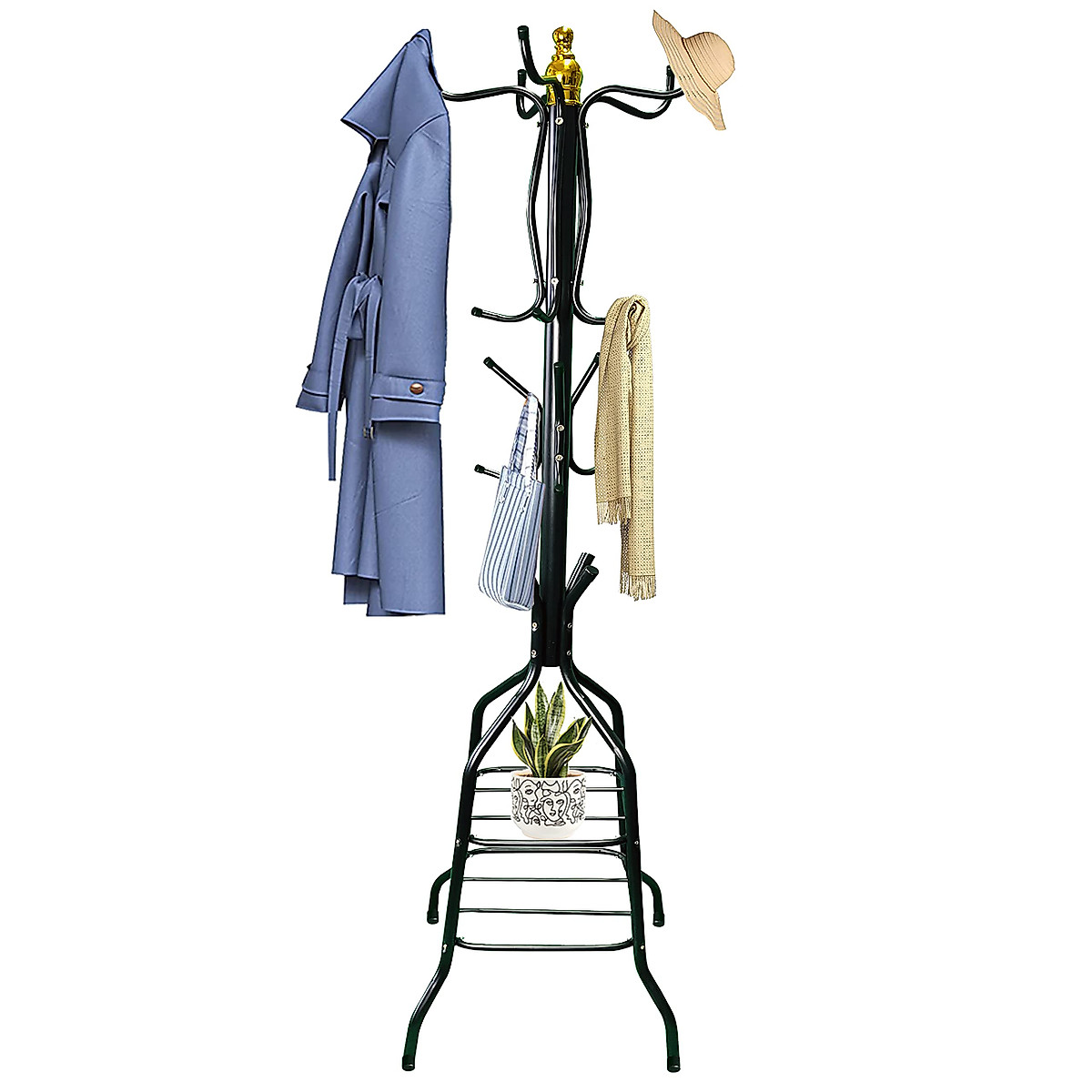 ANAMPION Coat Rack Free Standing Entryway Metal Coat and Hat Hanger Organizer Stand With 20 Hooks Hall Tree stand with 2 shelves Umbrella Tree Stand Black…