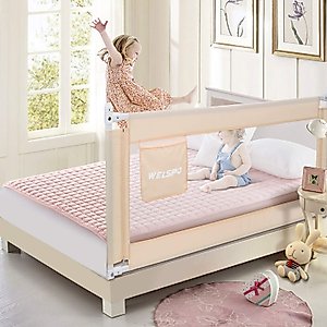 welspo 70 Inches Bed Rail for Toddlers Fold Down Safety Baby Bed Guard Swing Down Bedrail for Convertible Crib, Kids Twin, Double, Full Size Queen & King Mattress, Beige [Upgraded] (1 Pack)