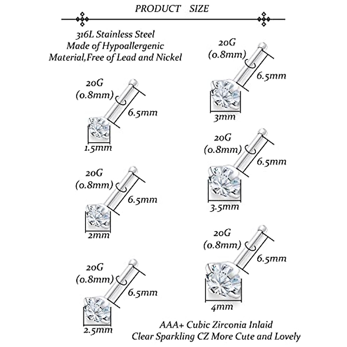 Vsnnsns 20G Nose Rings for Women Men 316L Surgical Stainless Steel L Shaped Nose Studs Screw Bone Opal Nose Rings Piercings 20 Gauge Nostril Piercing Nose Studs Jewelry Diamond CZ Silver for Women
