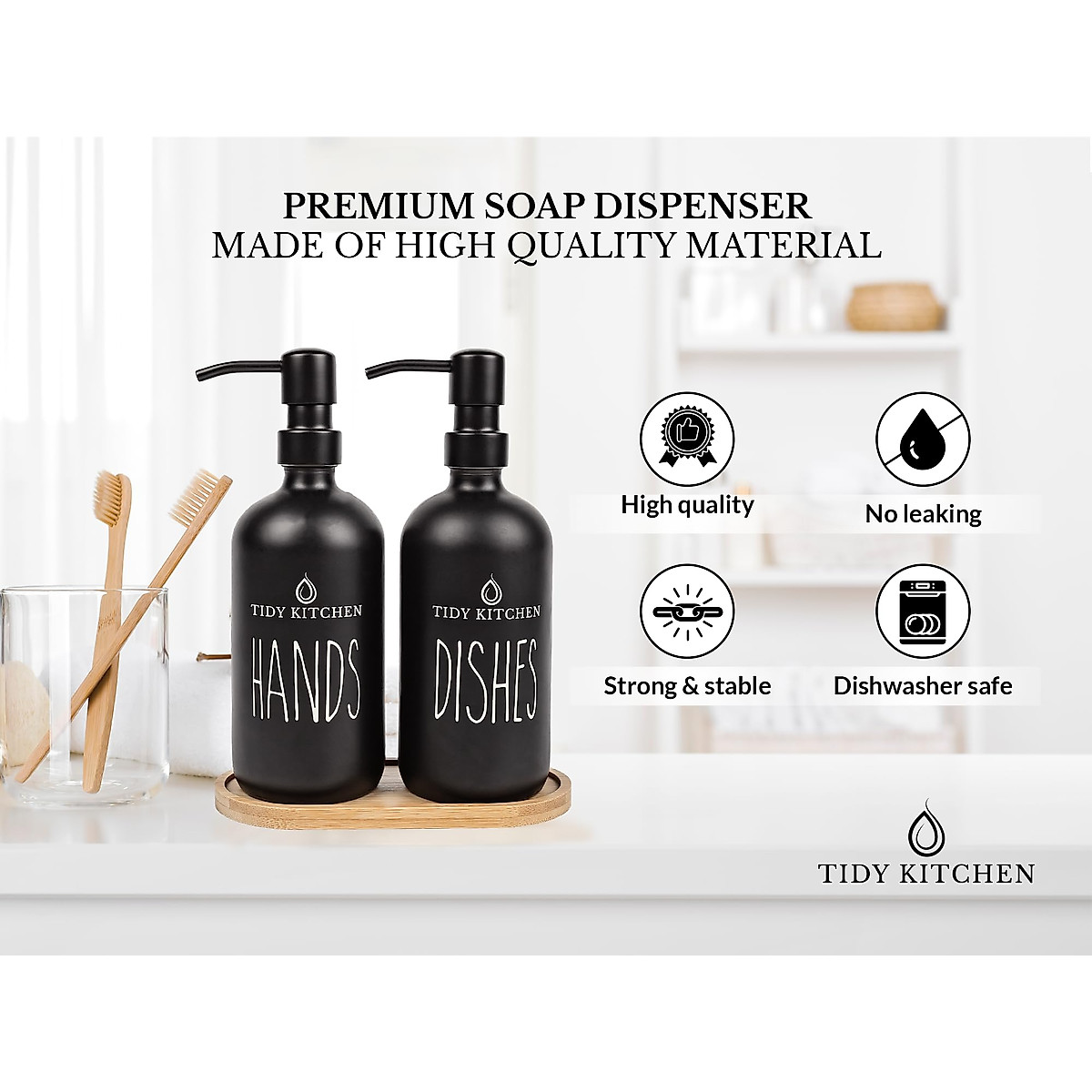 TIDY KITCHEN Premium Glass Soap Dispenser with Stainless Steel Pump, Sleek Design, Durable for Liquid Dish and Handwashing