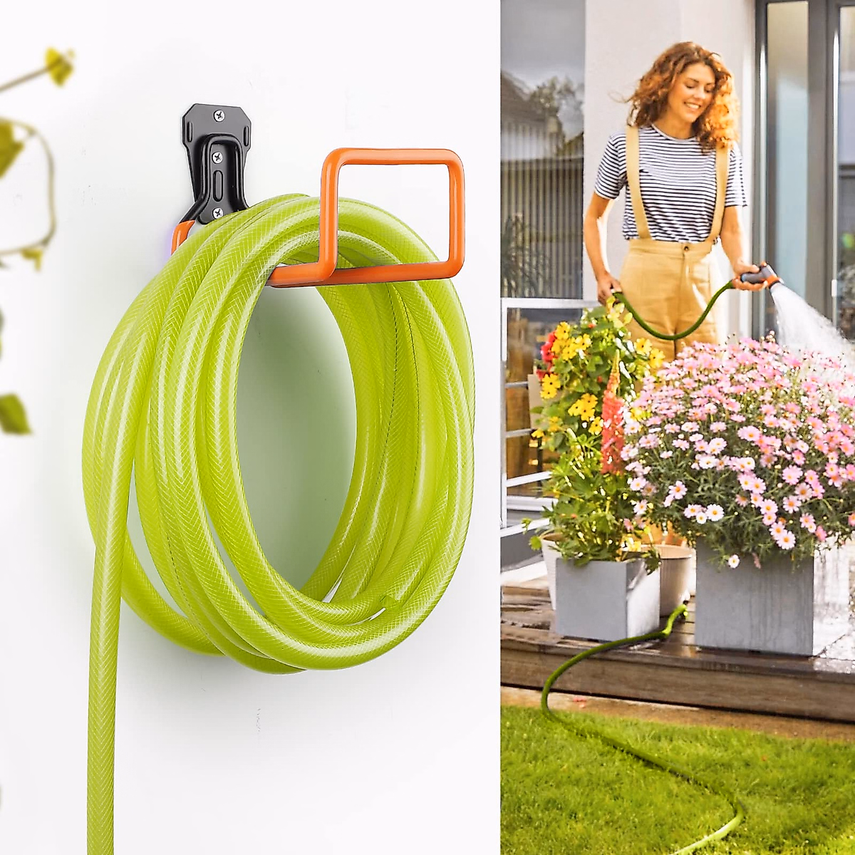 UPCERA Hose Holder Stand Wall Mount, 2Pcs Heavy Duty Garden Hose Hanger Reel, Metal Water Pipe Tube Hooks Rack for Outside Yard, Garage, Storage Organizer - Orange