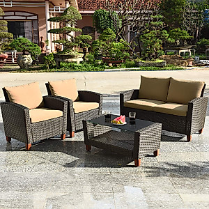 Tangkula 4 Piece Patio Rattan Furniture Set, Onesize, Beige