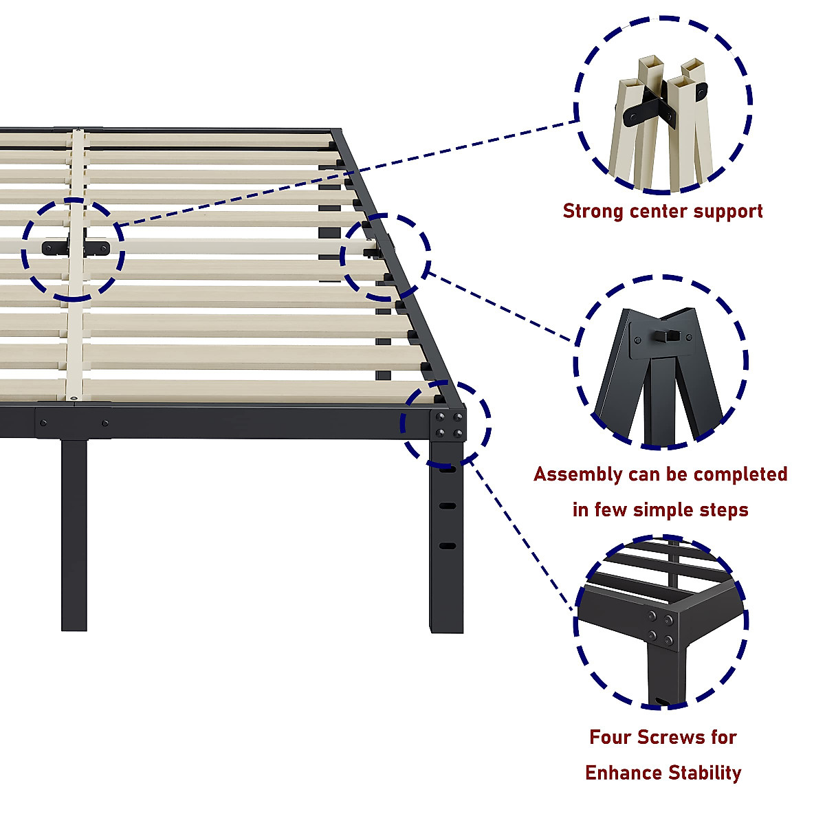 ZIYOO Full Size Bed Frame, 18 Inches Tall, 3 Inches Wide Wood Slats with 3500 Pounds Support for Foam Mattress, No Box Spring Needed, Heavy Duty Metal Platform, Easy Assembly, Noise Free