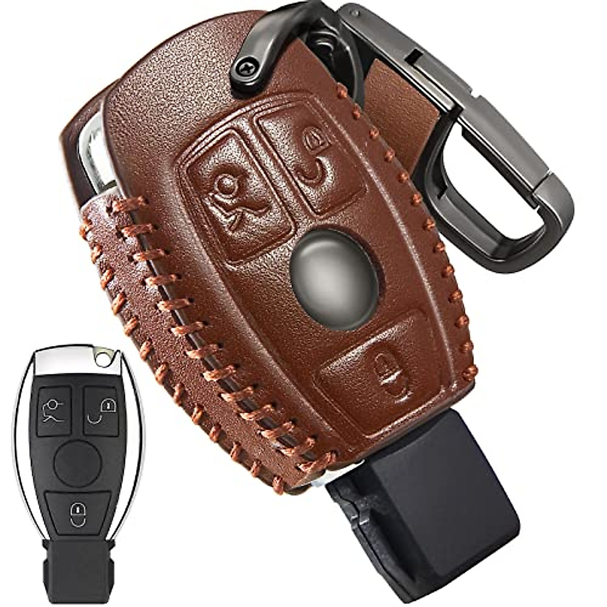 Slohif for Benz Key Fob Cover Keychain Accessories for Mercedes A C E S Class GLK CLA GLA GLC GLE CLS SLK AMG E260l C200l 3 Buttons, Leather Case+D-Ring+Hook(Brown)