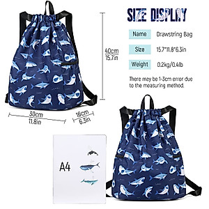 Ryushoyo Children Boy Girl Ocean Shark Print Drawstring Backpack Outdoor Casaul Portable Shoulder Bag Swim Gymsack Sack Pack Dark Blue