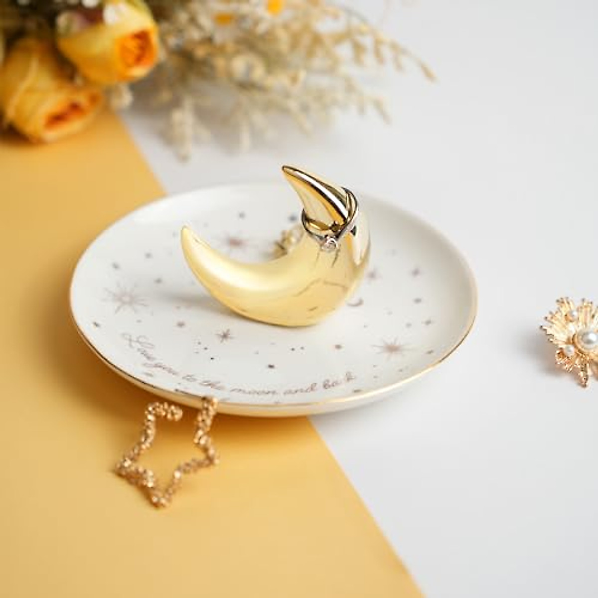 LotFancy Jewelry Dish, Moon Ring Dish Holder, Ceramic Trinket Jewelry Tray for Earring Bracelet Necklace Wedding Engagement Gift