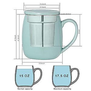 Peacehome Tea Cup Infuser Lid: 17.5 OZ Large Ceramic Tea Mug with Strainer & Cover for Steeping Cup of Hot Tea or Coffee - Fine Porcelain Infuser Tea Mug Set for Work Life Gift (Mint Green)