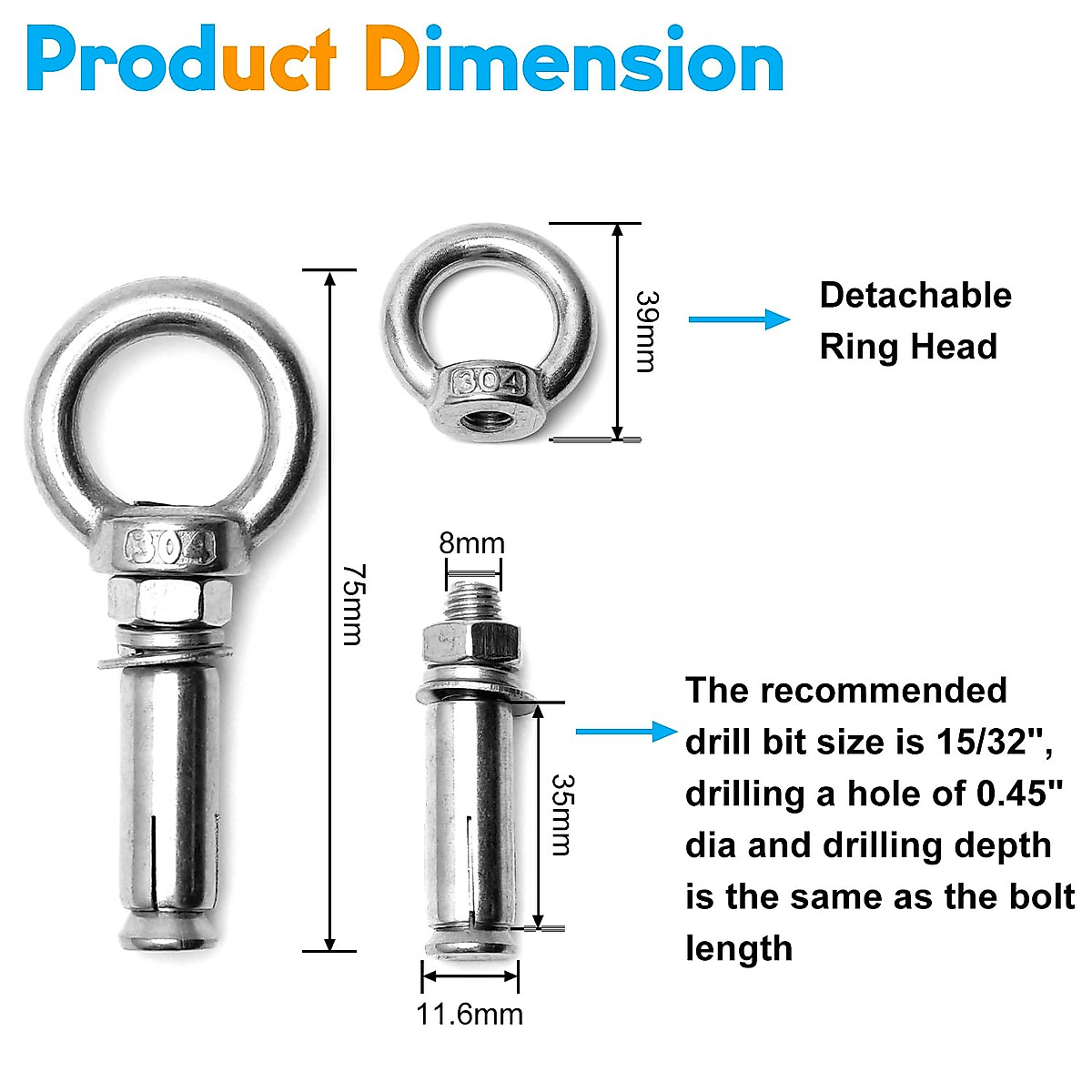 MroMax Expansion Lifting Eyebolt M8x50mm Eye Ring Bolt 2.95" Length 304 Stainless Steel Expansion Bolts with Nuts Eye Hooks Anchor Fastener for Concrete Wall Masonry Ceiling Silver 5Pcs