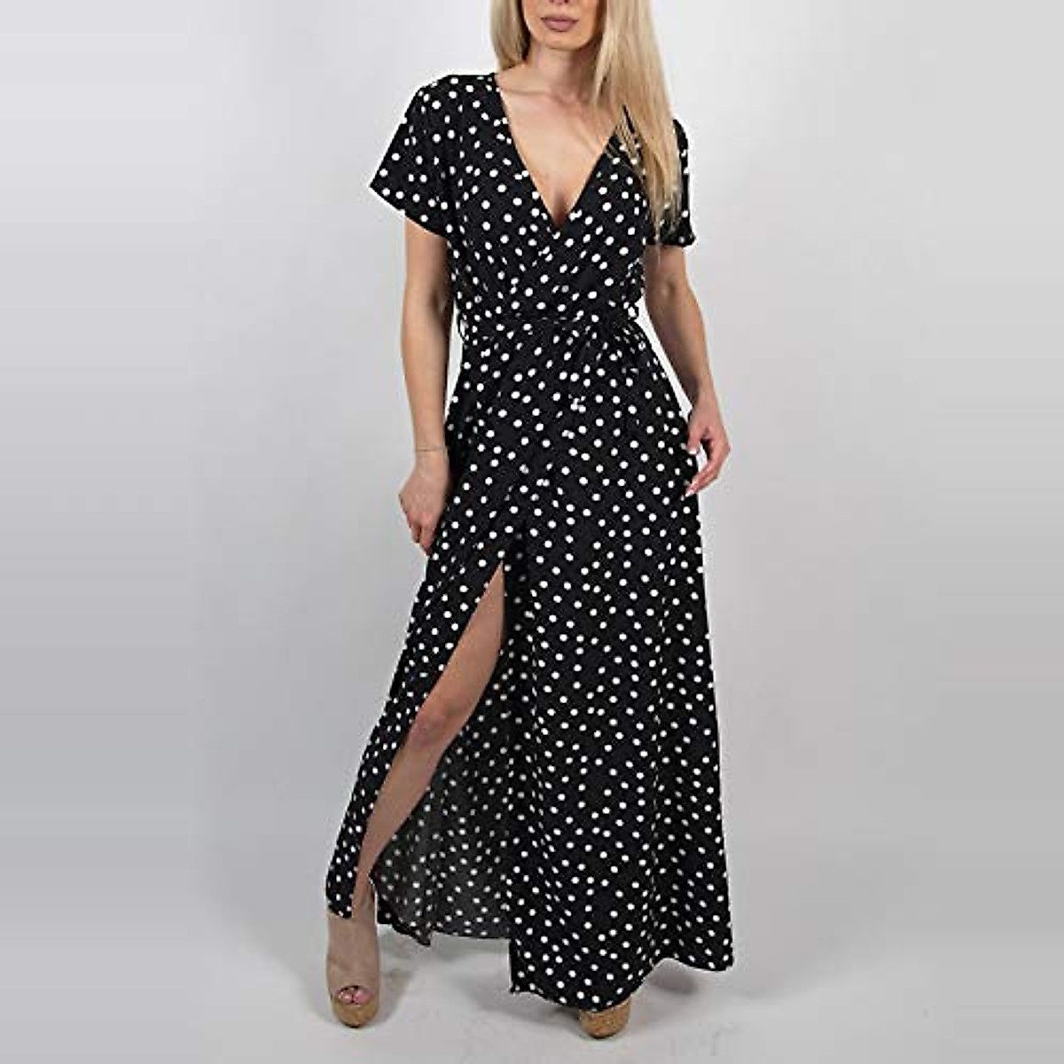 XIMIN Women's Fashion Casual Short Sleeve V-Neck Low Cut Printed Polka Dot Dress Beach Maxi Dress (Black, Size:XXL)